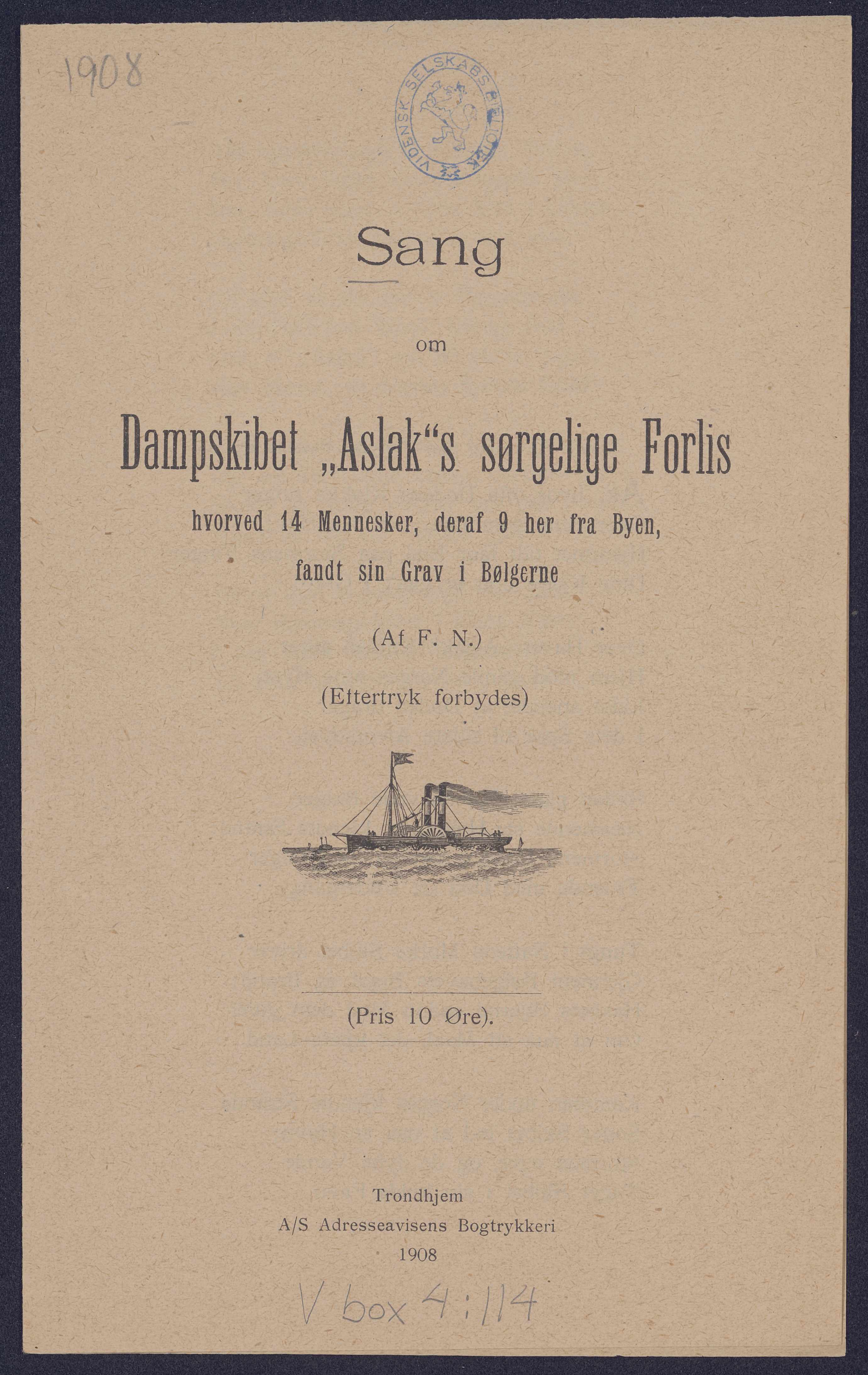 Sang om Dampskibet "Aslak"s sørgelige Forlis hvorved 14 Mennesker ...